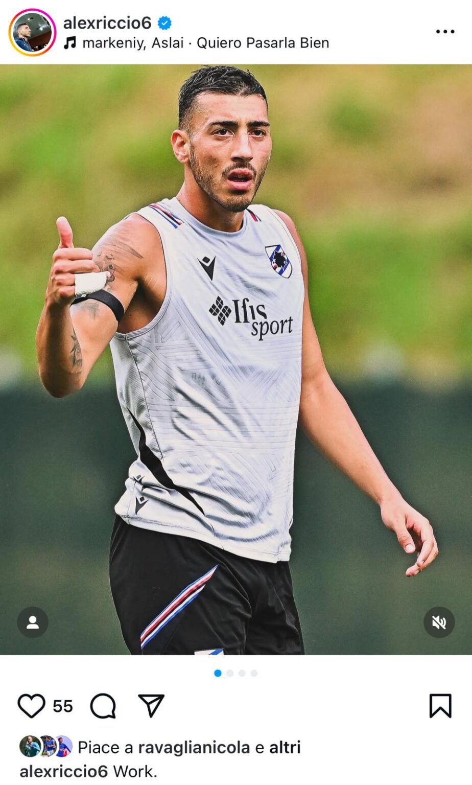 SOCIAL - Sampdoria, Alessandro Riccio mostra i muscoli. Il post