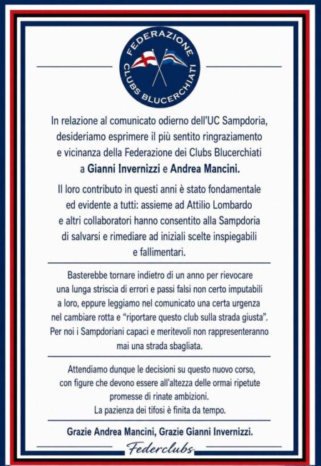 Sampdoria, la Federclubs ringrazia Mancini e Invernizzi: ora servono ...